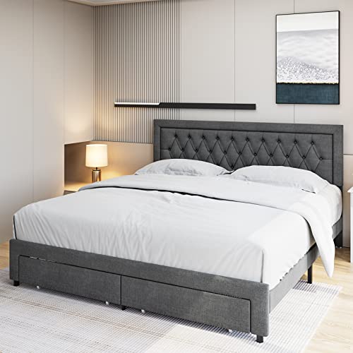 Full Bed Frame with 2 Storage Drawers, Fabric Upholstered Platform Bed Frame with Deep-set Pattern Button Tufted Headboard, Sturdy Wood Slats Support Mattress Foundation, No Box Spring Needed, Grey