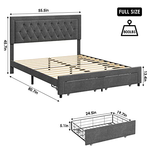 Full Bed Frame with 2 Storage Drawers, Fabric Upholstered Platform Bed Frame with Deep-set Pattern Button Tufted Headboard, Sturdy Wood Slats Support Mattress Foundation, No Box Spring Needed, Grey