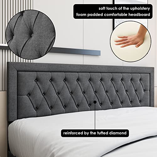 Full Bed Frame with 2 Storage Drawers, Fabric Upholstered Platform Bed Frame with Deep-set Pattern Button Tufted Headboard, Sturdy Wood Slats Support Mattress Foundation, No Box Spring Needed, Grey