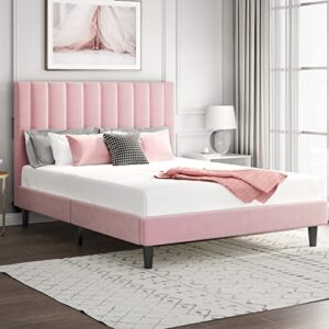 sha cerlin queen size vertical channel platform bed frame/velvet upholstered bed frame with headboard/strong wood slats support/mattress foundation/no box spring needed/pink