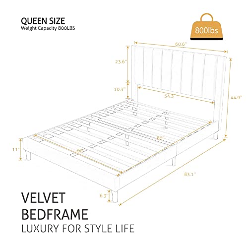 SHA CERLIN Queen Size Vertical Channel Platform Bed Frame/Velvet Upholstered Bed Frame with Headboard/Strong Wood Slats Support/Mattress Foundation/No Box Spring Needed/Pink