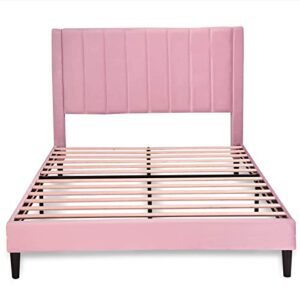 SHA CERLIN Queen Size Vertical Channel Platform Bed Frame/Velvet Upholstered Bed Frame with Headboard/Strong Wood Slats Support/Mattress Foundation/No Box Spring Needed/Pink