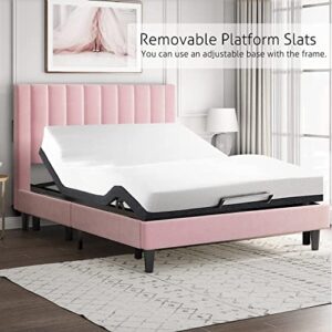 SHA CERLIN Queen Size Vertical Channel Platform Bed Frame/Velvet Upholstered Bed Frame with Headboard/Strong Wood Slats Support/Mattress Foundation/No Box Spring Needed/Pink