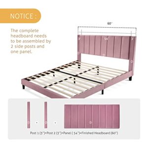 SHA CERLIN Queen Size Vertical Channel Platform Bed Frame/Velvet Upholstered Bed Frame with Headboard/Strong Wood Slats Support/Mattress Foundation/No Box Spring Needed/Pink