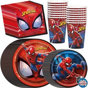 spiderman birthday party supplies set - serves 16 guests | spiderman party supplies pack with dinner plates, cake plates, cups, napkins and button