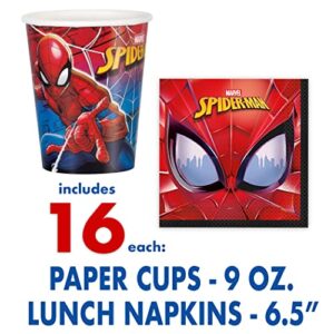 Spiderman Birthday Party Supplies Set - Serves 16 Guests | Spiderman Party Supplies Pack with Dinner Plates, Cake Plates, Cups, Napkins and Button