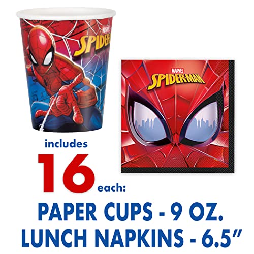 Spiderman Birthday Party Supplies Set - Serves 16 Guests | Spiderman Party Supplies Pack with Dinner Plates, Cake Plates, Cups, Napkins and Button