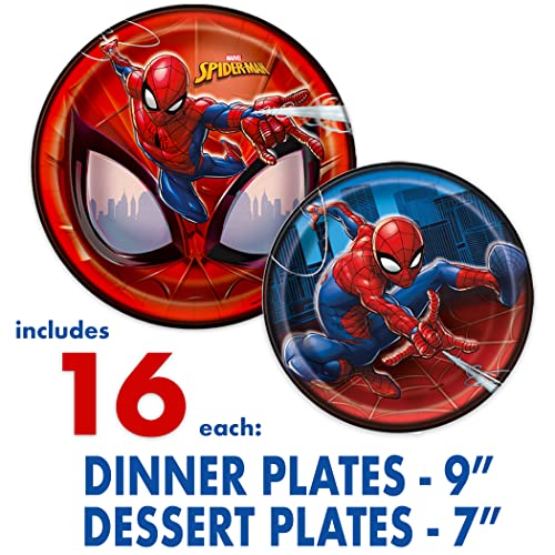 Spiderman Birthday Party Supplies Set - Serves 16 Guests | Spiderman Party Supplies Pack with Dinner Plates, Cake Plates, Cups, Napkins and Button