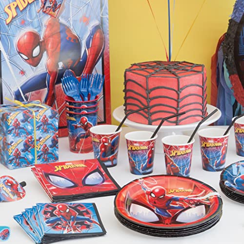 Spiderman Birthday Party Supplies Set - Serves 16 Guests | Spiderman Party Supplies Pack with Dinner Plates, Cake Plates, Cups, Napkins and Button