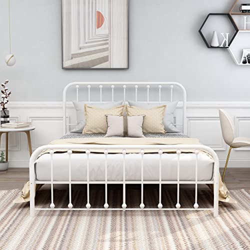 WJORATA Metal Platform Bed Frame Queen Size with Headboard and Footboard,No Box Spring Needed, White