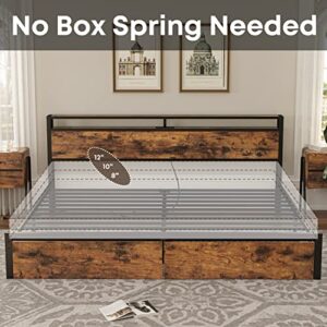 LIKIMIO King Bed Frame with Storage Headboard, Platform Bed with Drawers and Charging Station, No Box Spring Needed, Easy Assembly, Vintage Brown