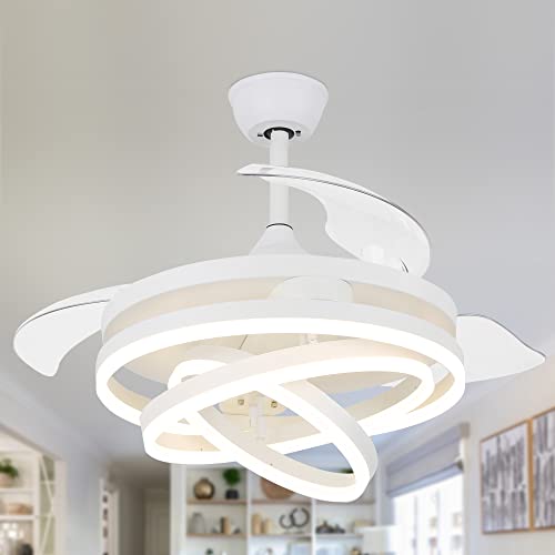 42 Inch Retractable Ceiling Fan, Modern Ceiling Fans with Lights Remote, Silent DC Motor 6 Speeds 3 Color Light, Retractable Blade Ceiling Fan White