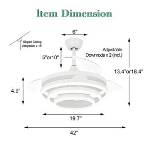 42 Inch Retractable Ceiling Fan, Modern Ceiling Fans with Lights Remote, Silent DC Motor 6 Speeds 3 Color Light, Retractable Blade Ceiling Fan White