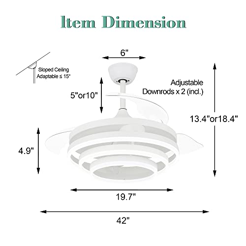 42 Inch Retractable Ceiling Fan, Modern Ceiling Fans with Lights Remote, Silent DC Motor 6 Speeds 3 Color Light, Retractable Blade Ceiling Fan White