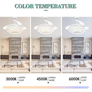 42 Inch Retractable Ceiling Fan, Modern Ceiling Fans with Lights Remote, Silent DC Motor 6 Speeds 3 Color Light, Retractable Blade Ceiling Fan White