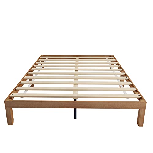 JULYFOX Rubber Wood Bed Frame Queen Size, 12 inch Solid Wood Platform Bed Queen Size 650 lbs Heavy Duty No Headboard No Box Spring Needed,(Natural,Queen Size)