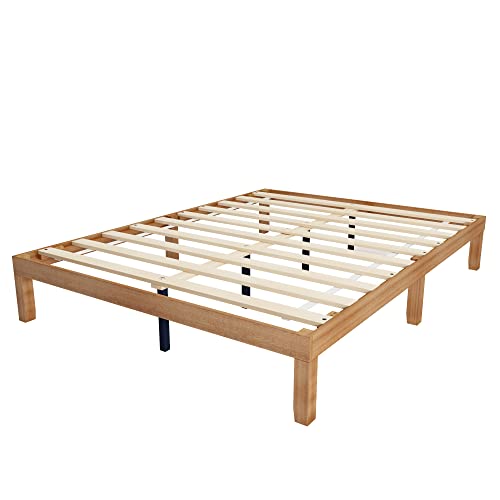 JULYFOX Rubber Wood Bed Frame Queen Size, 12 inch Solid Wood Platform Bed Queen Size 650 lbs Heavy Duty No Headboard No Box Spring Needed,(Natural,Queen Size)