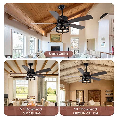 YCGU Rustic Farmhouse Ceiling Fan with Lights, 52 Inch Industrial Cage Ceiling Fan Light, Indoor Outdoor Ceiling Fan with Remote, Reversible DC Motor for Farmhouse Patios Bedroom Garage