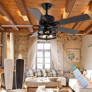 ycgu rustic farmhouse ceiling fan with lights, 52 inch industrial cage ceiling fan light, indoor outdoor ceiling fan with remote, reversible dc motor for farmhouse patios bedroom garage