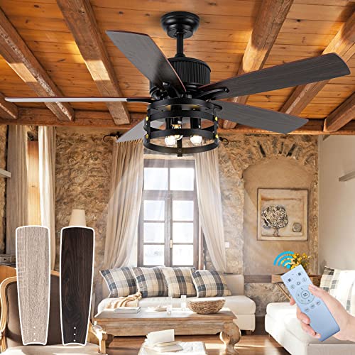 YCGU Rustic Farmhouse Ceiling Fan with Lights, 52 Inch Industrial Cage Ceiling Fan Light, Indoor Outdoor Ceiling Fan with Remote, Reversible DC Motor for Farmhouse Patios Bedroom Garage