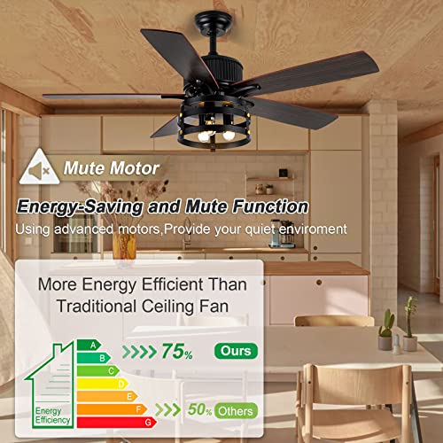 YCGU Rustic Farmhouse Ceiling Fan with Lights, 52 Inch Industrial Cage Ceiling Fan Light, Indoor Outdoor Ceiling Fan with Remote, Reversible DC Motor for Farmhouse Patios Bedroom Garage