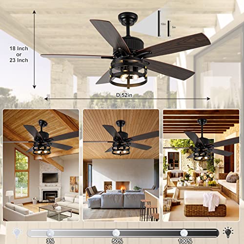 YCGU Rustic Farmhouse Ceiling Fan with Lights, 52 Inch Industrial Cage Ceiling Fan Light, Indoor Outdoor Ceiling Fan with Remote, Reversible DC Motor for Farmhouse Patios Bedroom Garage