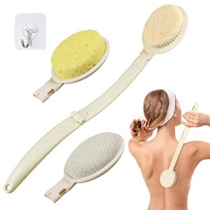 3 in 1 bath body brush set,foldable shower brush with extra long handle, heads pumice stone,loofah sponge and back body scrubber bristles for exfoliating or dry skin brushing (white)