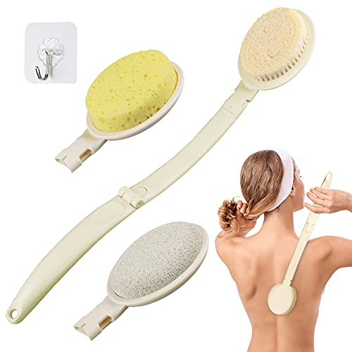 3 in 1 Bath Body Brush Set,Foldable Shower Brush with Extra Long Handle, Heads Pumice Stone,Loofah Sponge and Back Body Scrubber Bristles for Exfoliating or Dry Skin Brushing (White)