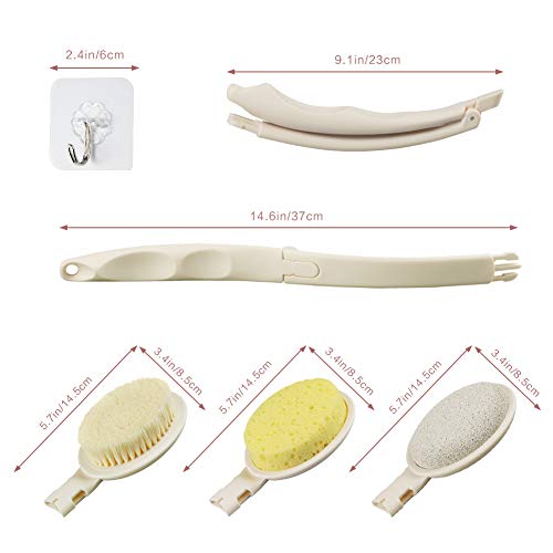 3 in 1 Bath Body Brush Set,Foldable Shower Brush with Extra Long Handle, Heads Pumice Stone,Loofah Sponge and Back Body Scrubber Bristles for Exfoliating or Dry Skin Brushing (White)