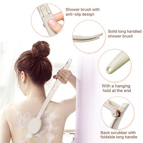 3 in 1 Bath Body Brush Set,Foldable Shower Brush with Extra Long Handle, Heads Pumice Stone,Loofah Sponge and Back Body Scrubber Bristles for Exfoliating or Dry Skin Brushing (White)