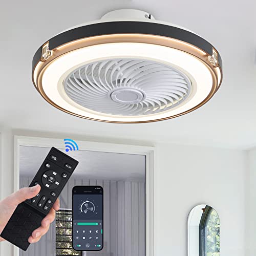 LTOF 19.5inch LED Ceiling Fan with Lights, Ceiling Fan with Remote Control, 3 Colors Flush Mount Ceiling Fan, 6 Wind Speeds Enclosed Ceiling Fan, Black Low Profile Ceiling Fan with Light.