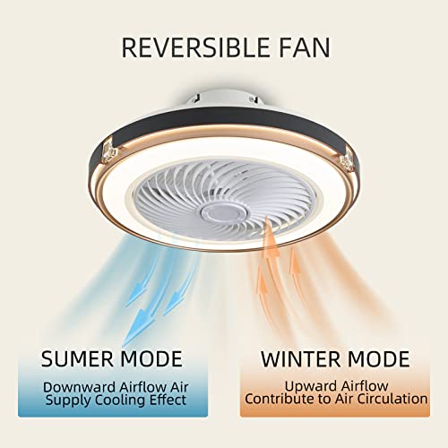 LTOF 19.5inch LED Ceiling Fan with Lights, Ceiling Fan with Remote Control, 3 Colors Flush Mount Ceiling Fan, 6 Wind Speeds Enclosed Ceiling Fan, Black Low Profile Ceiling Fan with Light.