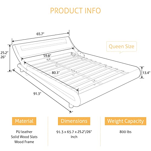 SHA CERLIN Upholstered Modern Bed Frame with LED Headboard/Mattress Foundation/No Box Spring Needed/Strong Wood Slats Support/Easy Assemble, Black and White, Queen