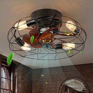 cluelyhoo 20” low profile caged ceiling fan with lights, bladeless ceiling fan with light, remote ceiling fan with lights, black flash mount ceiling fan