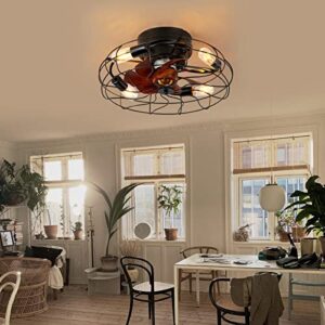 Cluelyhoo 20” Low Profile Caged Ceiling Fan with Lights, Bladeless Ceiling Fan with Light, Remote Ceiling Fan with Lights, Black Flash Mount Ceiling Fan