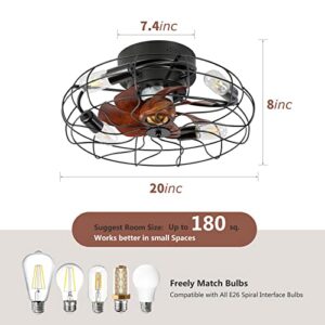 Cluelyhoo 20” Low Profile Caged Ceiling Fan with Lights, Bladeless Ceiling Fan with Light, Remote Ceiling Fan with Lights, Black Flash Mount Ceiling Fan