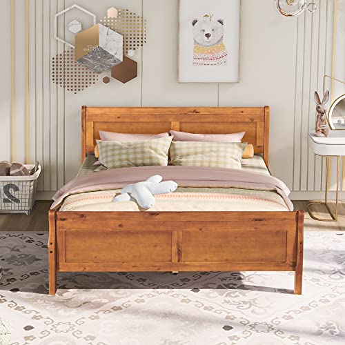 AOCOROE Wood Queen Bed Frame with Headboard and Foot Board, Queen Size Platform Bed Sleigh Bed with Slats and Extra Supporting Legs, No Box-Spring Needed.Oak