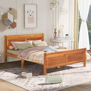 AOCOROE Wood Queen Bed Frame with Headboard and Foot Board, Queen Size Platform Bed Sleigh Bed with Slats and Extra Supporting Legs, No Box-Spring Needed.Oak