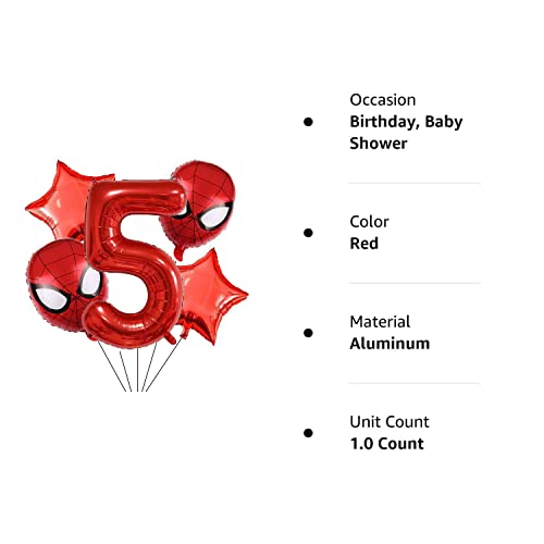 Superhero Spiderman 5th Birthday Decorations Red Number 5 Balloons 32 Inch | The Spiderman Birthday Balloons for Kids Birthday Baby Shower Decorations (Spiderman 5th Birthday)