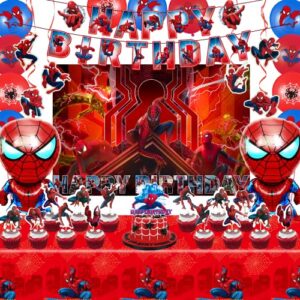 53 pcs spidey-men birthday decorations party supplies include happy birthday banners, tablecloths, cake toppers ,cupcake toppers, balloons, hanging swirls superhero birthday party supplies