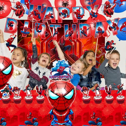 53 Pcs Spidey-men Birthday Decorations Party Supplies Include Happy Birthday Banners, Tablecloths, Cake Toppers ,Cupcake Toppers, Balloons, Hanging Swirls Superhero Birthday Party Supplies