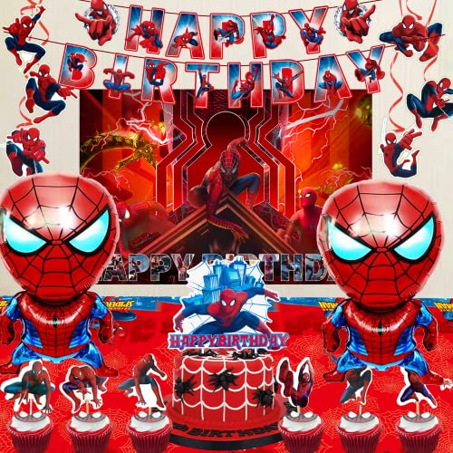 53 Pcs Spidey-men Birthday Decorations Party Supplies Include Happy Birthday Banners, Tablecloths, Cake Toppers ,Cupcake Toppers, Balloons, Hanging Swirls Superhero Birthday Party Supplies