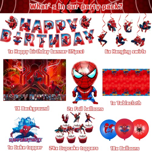 53 Pcs Spidey-men Birthday Decorations Party Supplies Include Happy Birthday Banners, Tablecloths, Cake Toppers ,Cupcake Toppers, Balloons, Hanging Swirls Superhero Birthday Party Supplies