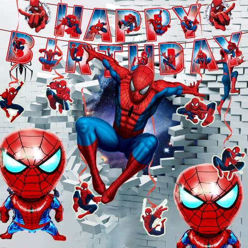 53 Pcs Spidey-men Birthday Decorations Party Supplies Include Happy Birthday Banners, Tablecloths, Cake Toppers ,Cupcake Toppers, Balloons, Hanging Swirls Superhero Birthday Party Supplies