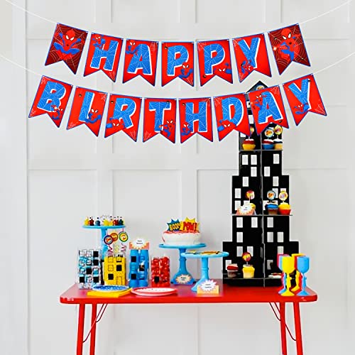 AccontOche Spider Superhero Happy Birthday Banner Bunting, Reusable Swallowtail Flag High Chair Banner Hanging Decor for Nursery, Superhero Theme Birthday Party Decorations Supplies for Baby Kids Boys