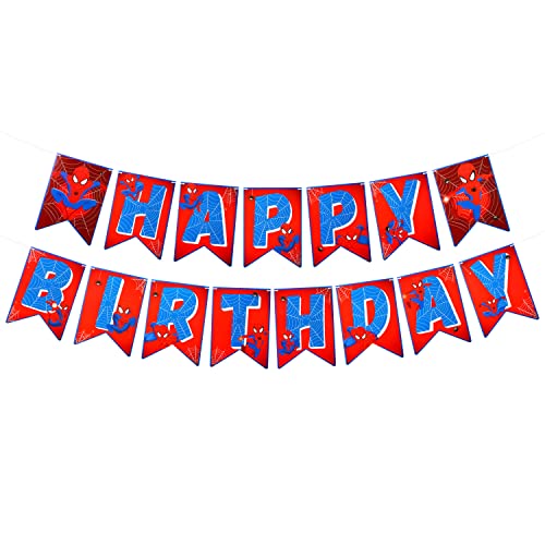 AccontOche Spider Superhero Happy Birthday Banner Bunting, Reusable Swallowtail Flag High Chair Banner Hanging Decor for Nursery, Superhero Theme Birthday Party Decorations Supplies for Baby Kids Boys