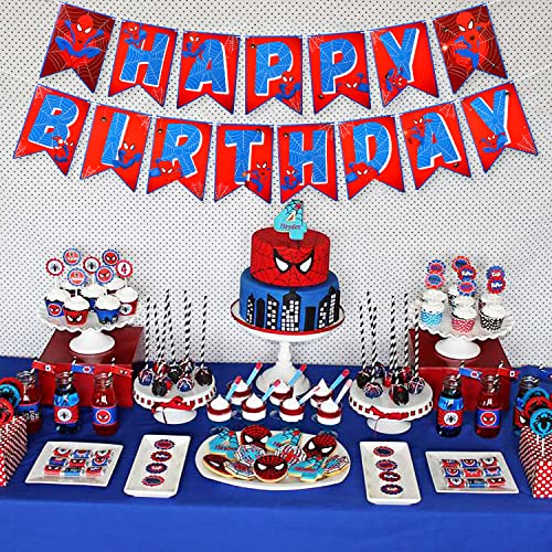 AccontOche Spider Superhero Happy Birthday Banner Bunting, Reusable Swallowtail Flag High Chair Banner Hanging Decor for Nursery, Superhero Theme Birthday Party Decorations Supplies for Baby Kids Boys