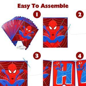 AccontOche Spider Superhero Happy Birthday Banner Bunting, Reusable Swallowtail Flag High Chair Banner Hanging Decor for Nursery, Superhero Theme Birthday Party Decorations Supplies for Baby Kids Boys