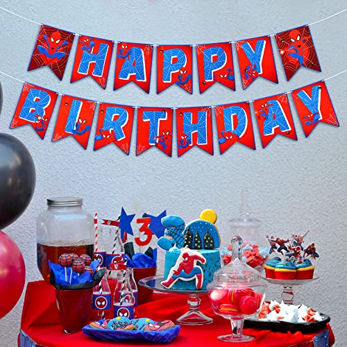 AccontOche Spider Superhero Happy Birthday Banner Bunting, Reusable Swallowtail Flag High Chair Banner Hanging Decor for Nursery, Superhero Theme Birthday Party Decorations Supplies for Baby Kids Boys