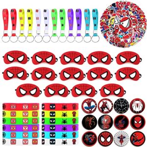 spiderman birthday party supplies,106pcs party favors,include 12 button pins,12pcs key chain,12pcs hand bracelet,14 spider masks,56 stickers,best for spiderman themed party